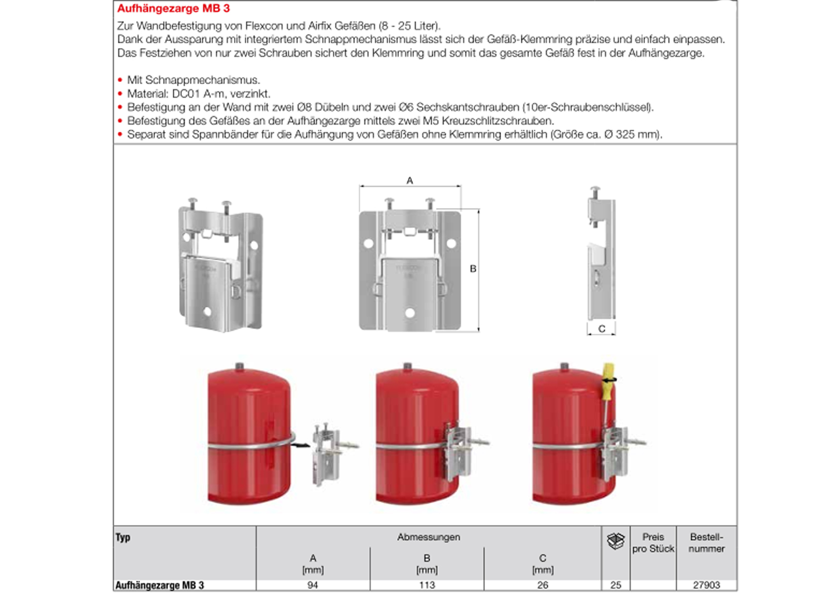 Flamco Wandhalter Ausdehnungsgefäß 8-25 Liter Airfix Flexcon ...